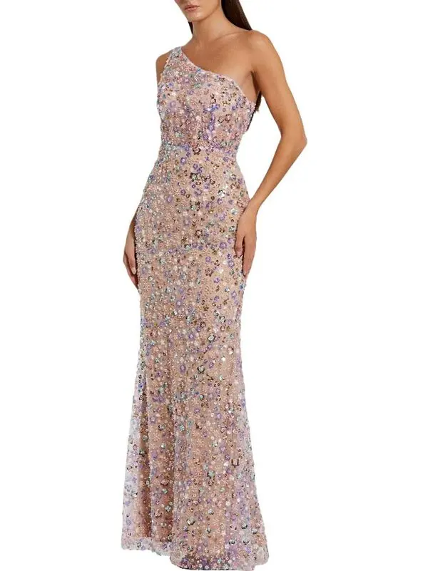 Mac Duggal Floral Embellished One Shoulder Gown - Pink Multi