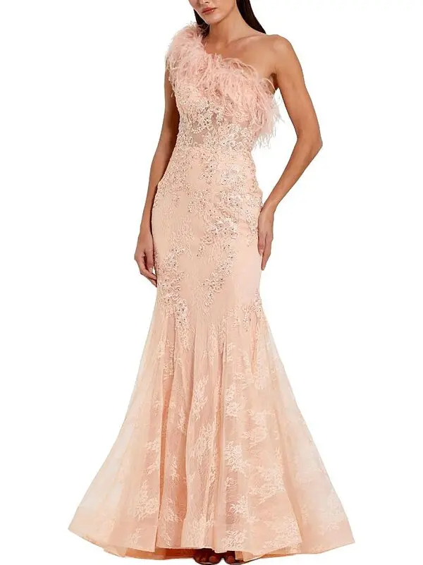 Mac Duggal One-shoulder Feather-embellished Mermaid Gown - Peach