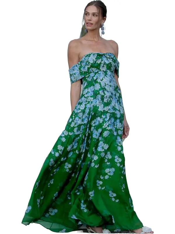 Sachin & Babi Kennedy Off-the-shoulder Gown - Kelly Green Degrade Florals