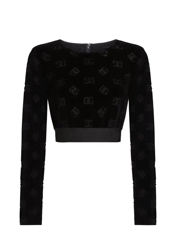 Dolce & Gabbana Cotton Chenille Crop Top With Jacquard Dg Logo - Black