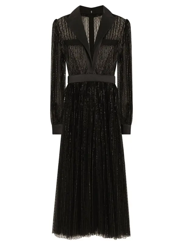 Dolce & Gabbana Tulle Tuxedo Shirt Dress With Sequin Embellishment - Black