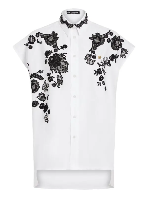 Dolce & Gabbana Oversize Cotton Poplin Shirt With Lace Appliqués - White
