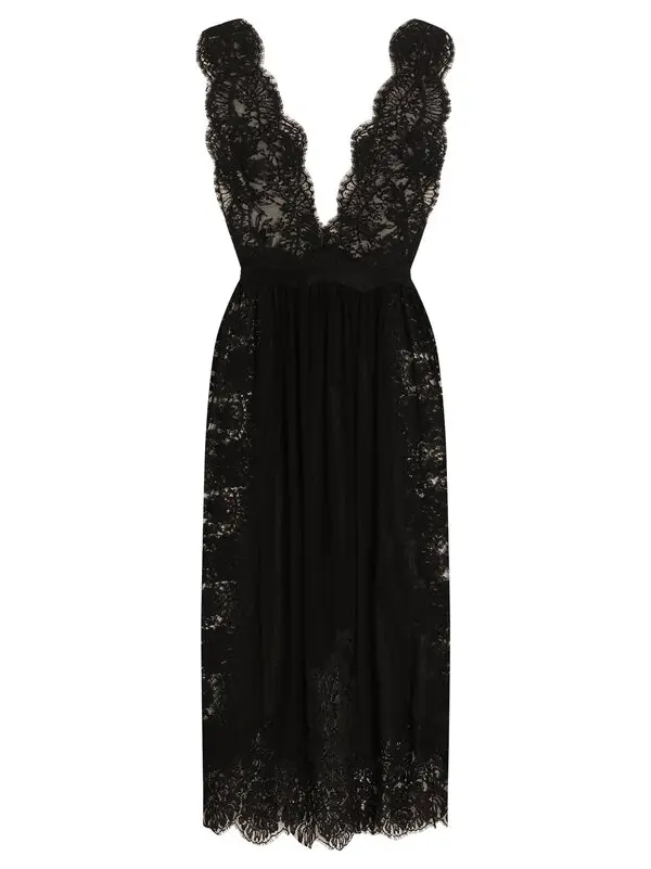 Dolce & Gabbana Calf-length Chantilly Lace Dress With Organzine Details - Black