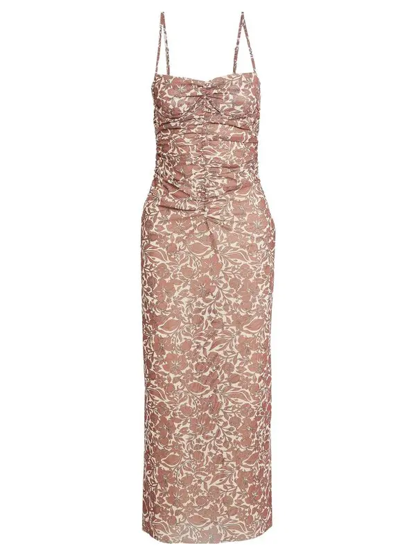 Bec & Bridge Priya Ruched Floral-print Stretch-mesh Midi Dress - Brown