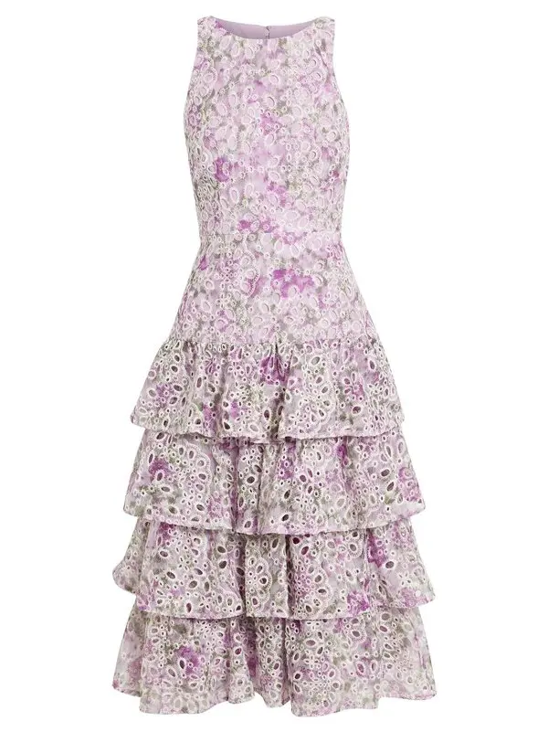 MIKAEL AGHAL Tiered Floral-print Broderie Anglaise Midi Dress - Lilac
