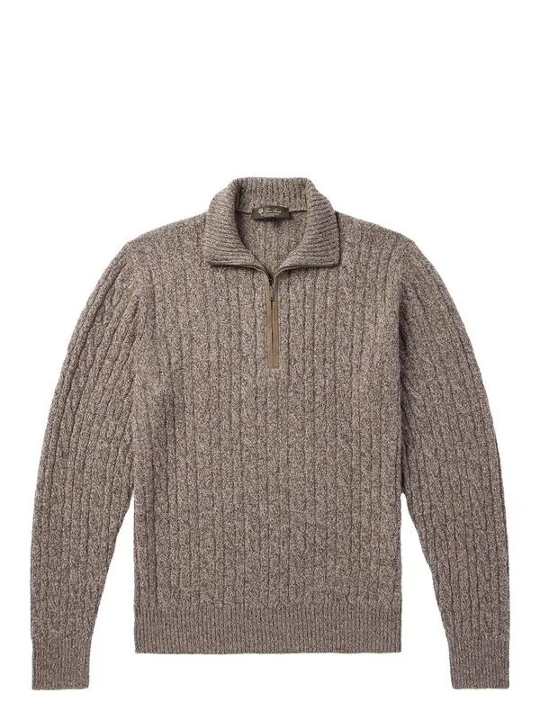 Loro Piana Suede-trimmed Cable-knit Baby Cashmere Half-zip Sweater - Brown