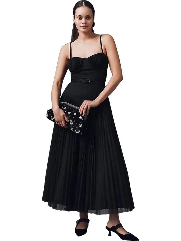 HUTCH Amara Corset Pleated Tulle Midi Dress - Black