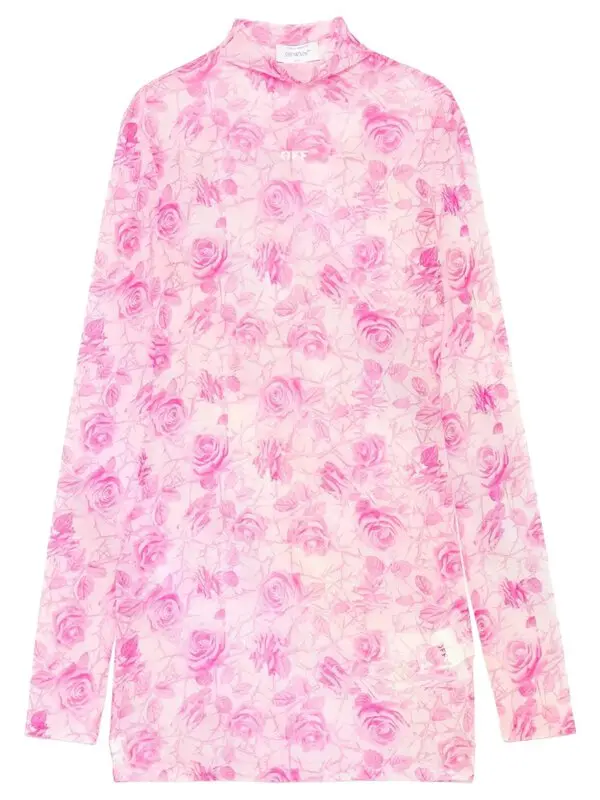 Off-White Floral Mesh Mini Dress - Pink