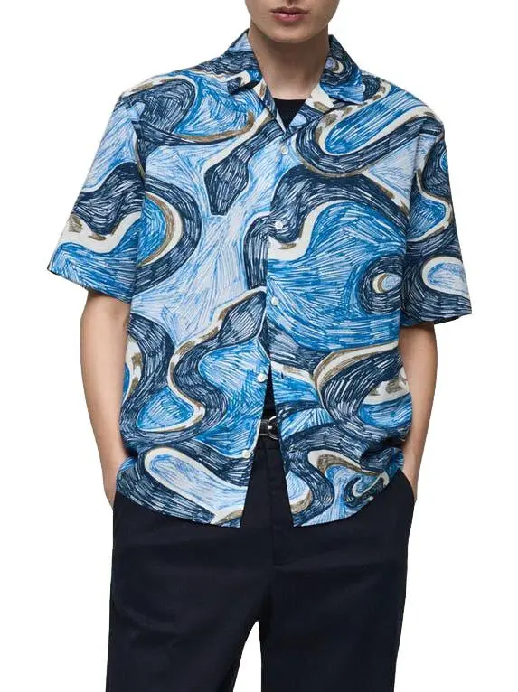 Mango Regular Fit Print Camp Shirt - Blue