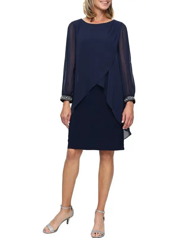SL FASHIONS Cold Shoulder Capelet Cocktail Dress - Navy