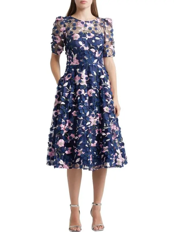 Eliza J Floral Appliqué Cocktail Midi Dress - Navy Multi