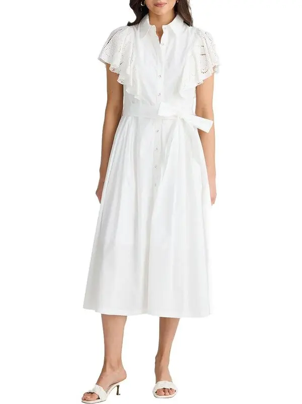 BRAVE+TRUE Marigold Ruffle Sleeve Cotton Midi Shirtdress - White
