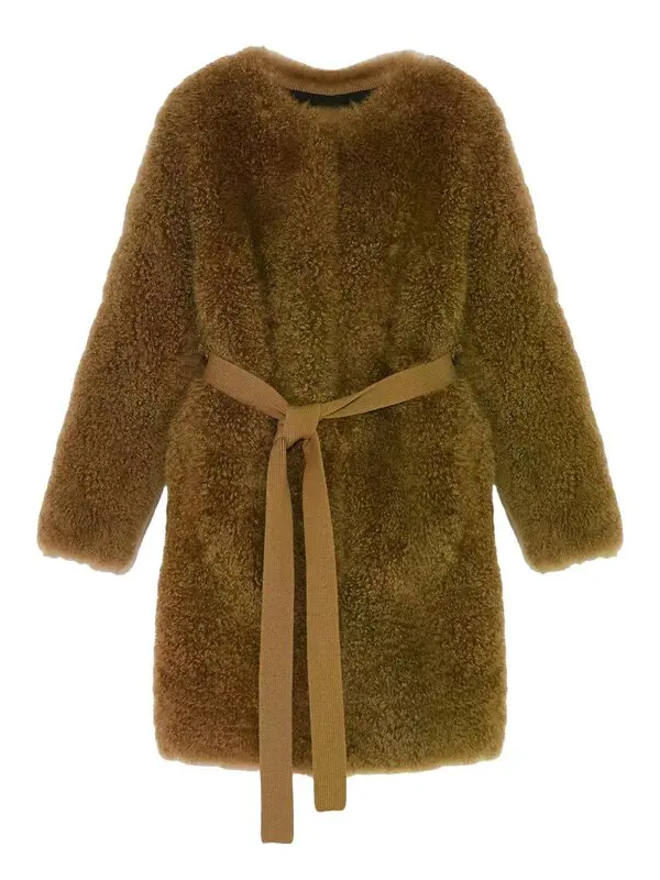 YVES SALOMON Belted Shearling Coat - Brown
