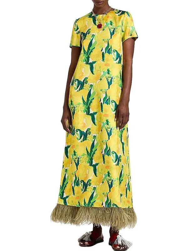 La DoubleJ Swing Feather-trimmed Maxi Dress - Zesty Lemon