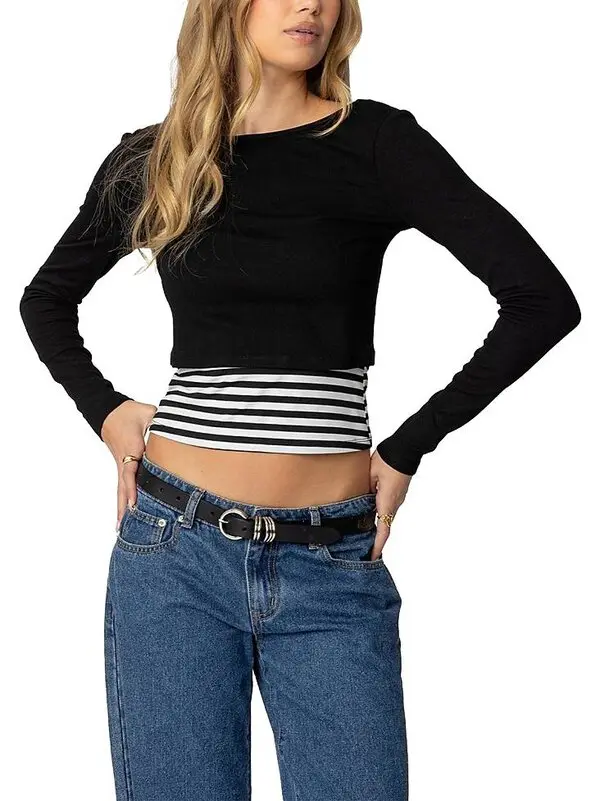 EDIKTED Shania Layered Striped Top - Black