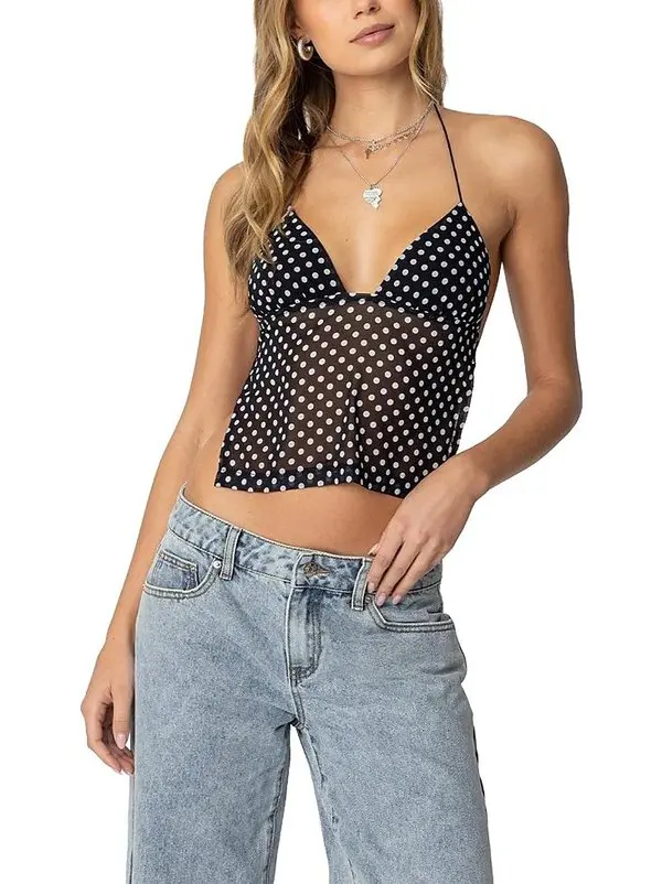 EDIKTED Polka Dot Backless Chiffon Top - Black And White