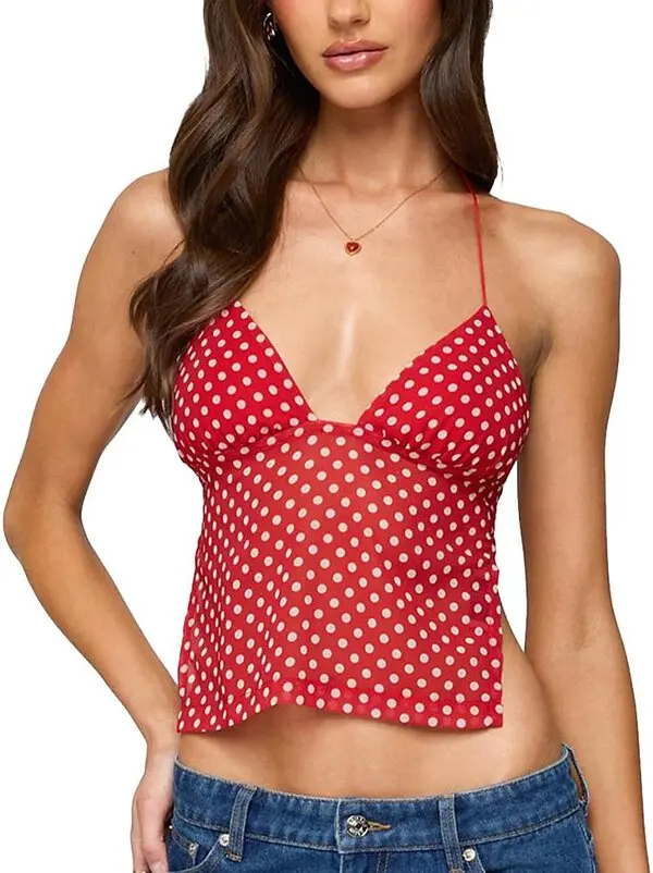 EDIKTED Polka Dot Backless Chiffon Top - Red And White