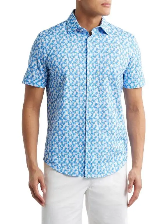 Bugatchi Miles Ooohcotton® Palm Tree Print Short Sleeve Button-up Shirt - Classic Blue
