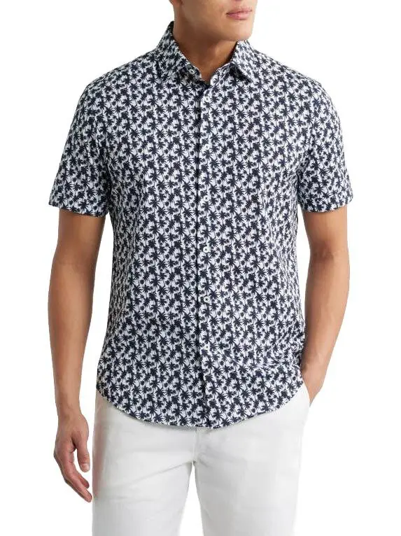 Bugatchi Miles Ooohcotton® Palm Tree Print Short Sleeve Button-up Shirt - Navy