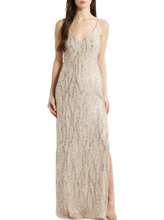 JUMP APPAREL Sequin And Bead Gown - Beige