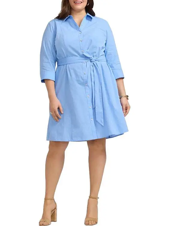 Foxcroft Fiona Seersucker Belted Shirt Dress - Lake Blue