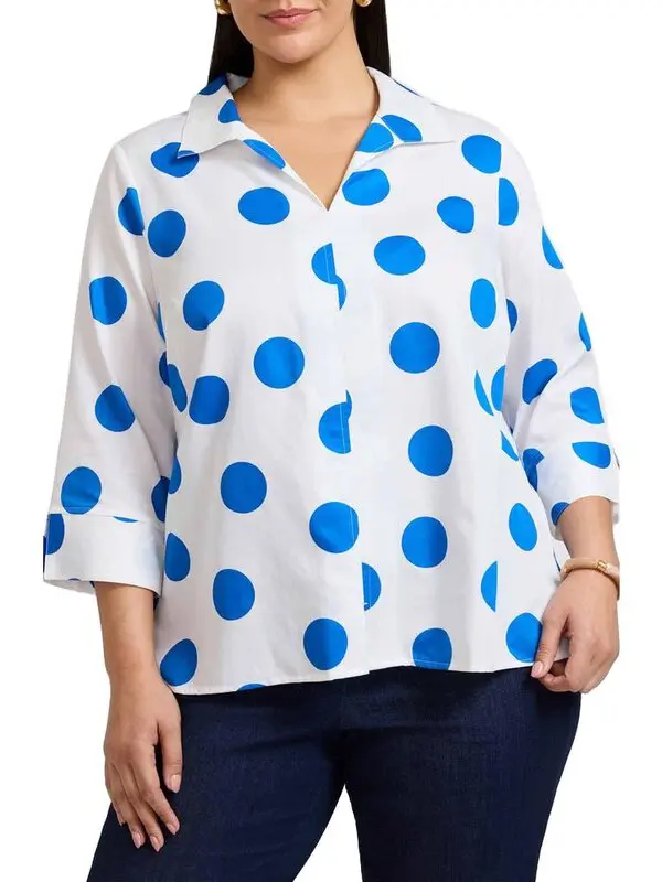 Foxcroft Agnes Polka Dot Popover Top - White/ Blue