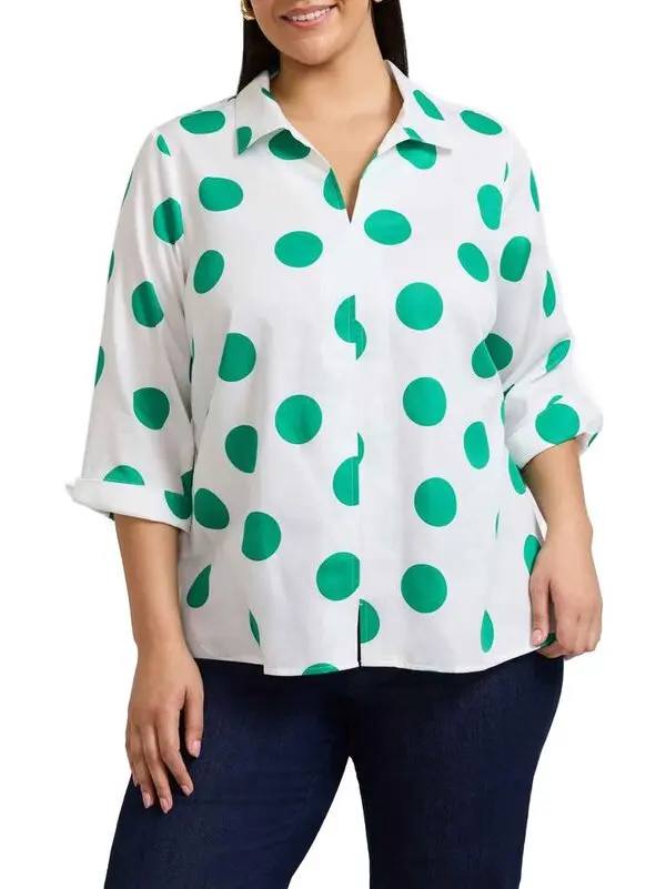 Foxcroft Agnes Polka Dot Popover Top - White/ Green