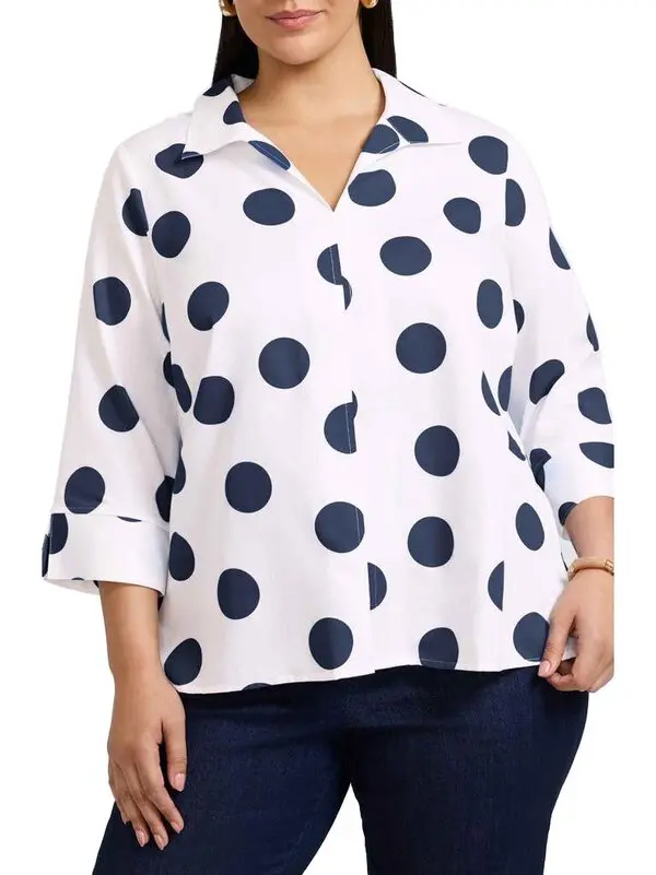 Foxcroft Agnes Polka Dot Popover Top - White/ Navy