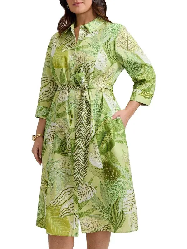 Foxcroft Fiona Botanical Print Belted Shirtdress - Green Multi