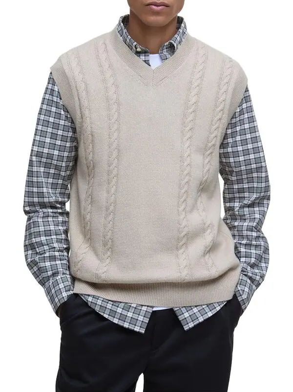Barbour Navar Cabled Cotton & Wool V-neck Sweater Vest - Washed Stone