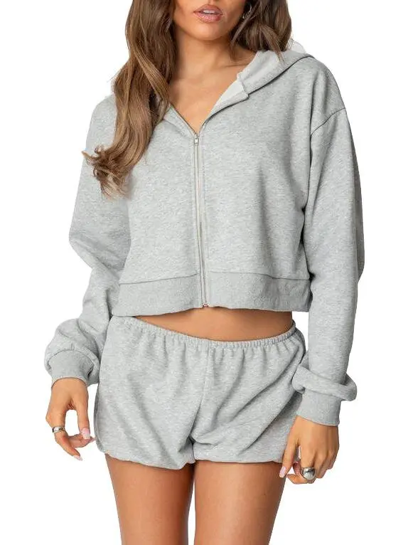 EDIKTED Robina Zip Crop Hoodie - Gray-melange