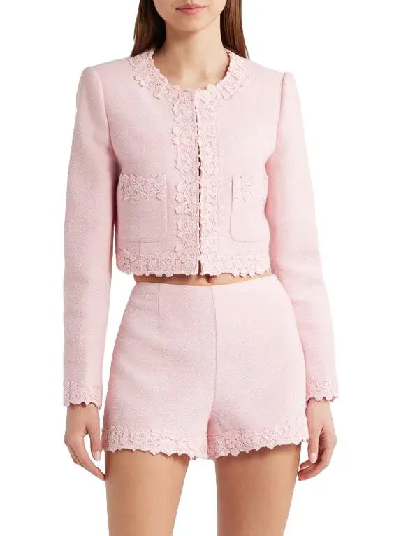 LoveShackFancy Leilana Lace Accent Crop Jacket - Strawberry Spritz