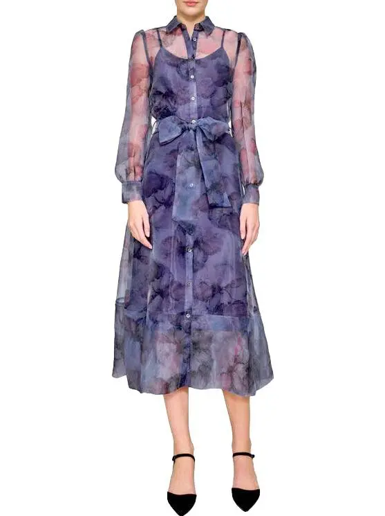 MELLODAY Long Sleeve Chiffon Dress - Navy/ Purple Floral