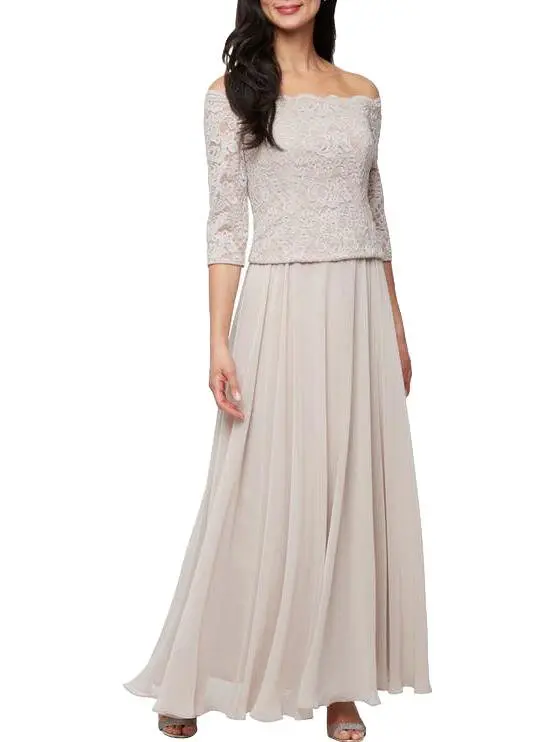 Alex Evenings Mixed Media Off-the-shoulder Gown - Taupe