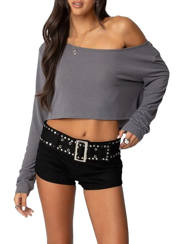 EDIKTED One-shoulder Long-sleeve Crop Top - Gray