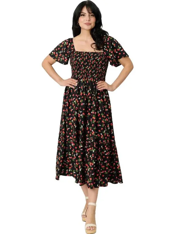 Unique Vintage Smocked Bodice Tiered Midi Dress - Black W/strawberry Print