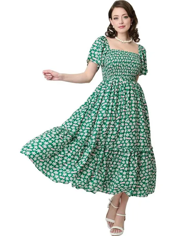 Unique Vintage Smocked Bodice Tiered Midi Dress - Green Ditsy Floral