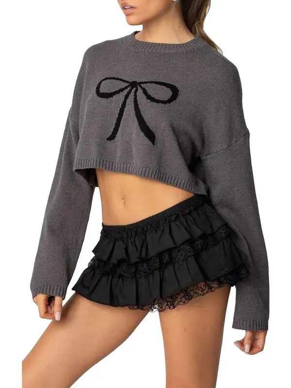 EDIKTED Bow Crewneck Crop Sweater - Gray