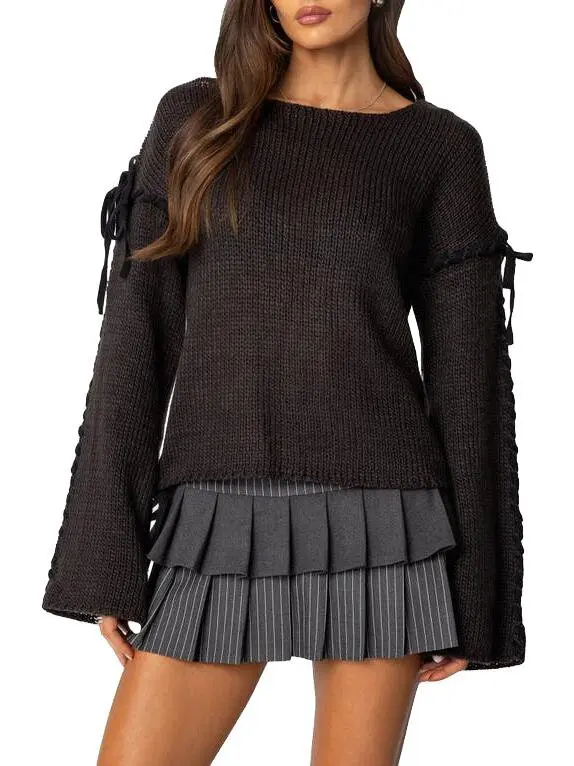 EDIKTED Amelia Lace Up Sleeve Sweater - Dark-gray