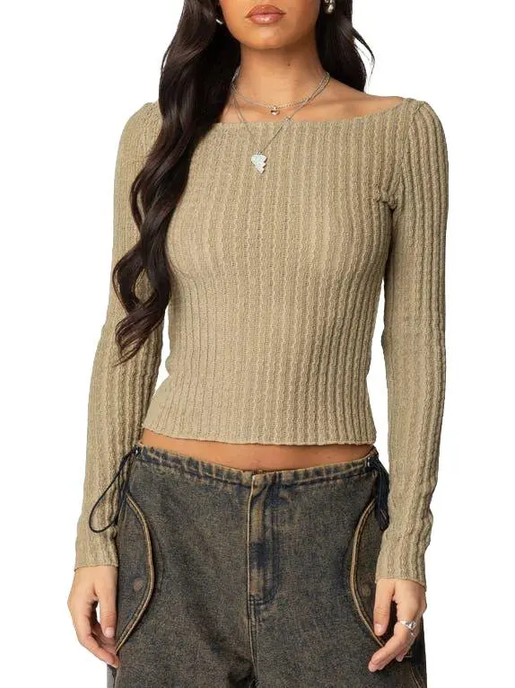 EDIKTED Textured Long Sleeve Top - Olive