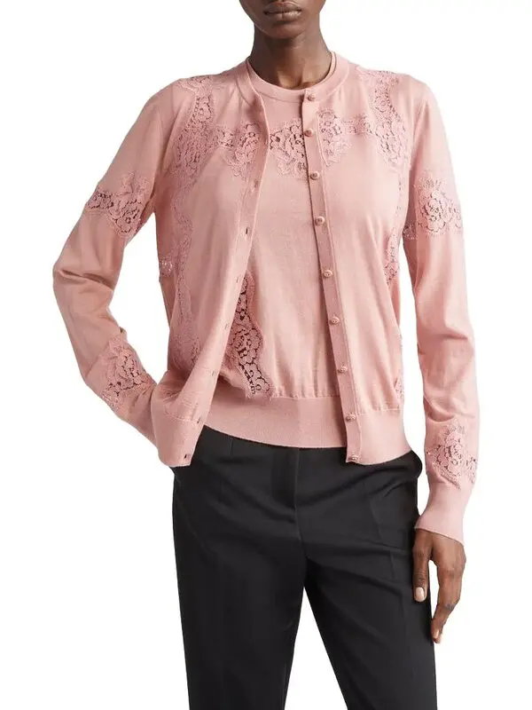 Dolce & Gabbana Lace Detail Virgin Wool & Cotton Blend Cardigan - Rosa Polvere Scuro