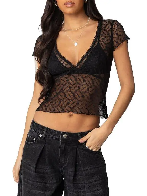 EDIKTED Julie Sheer Lace Crop Top - Black