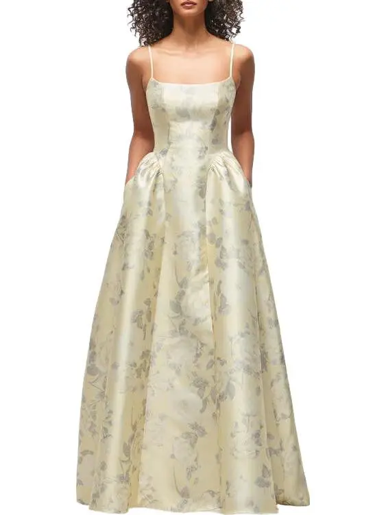 Dessy Collection Floral Print Satin Ballgown - Butter Yellow Floral