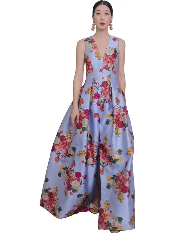 Sachin & Babi Brooke Printed Mikado Gown - Glacial Blue Bright Bouquet