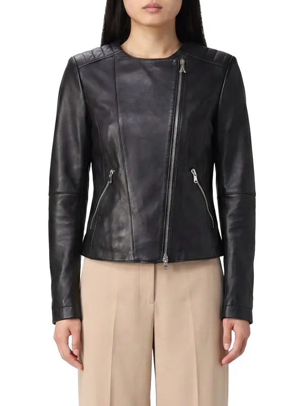 Patrizia Pepe Slim Fit Lambskin Leather Jacket With Round Neck And Fly Logo - Black