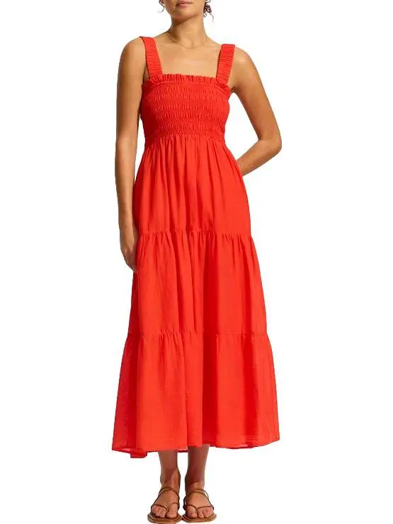 Seafolly Faithful Smocked Tiered Cotton Midi Dress - Flame