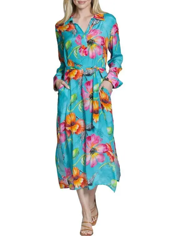APNY Mix Print Long Sleeve Shirt Dress - Turquoise Multi