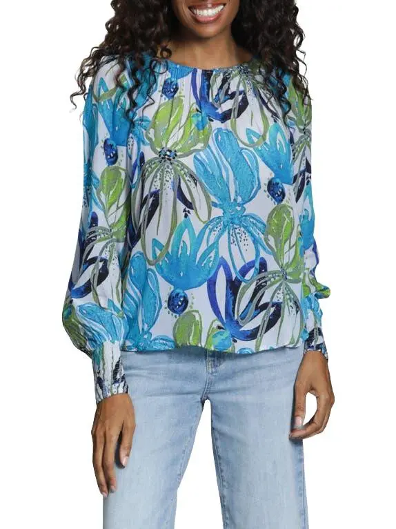 APNY Printed Blouson Sleeve Top - Blue Green Multi