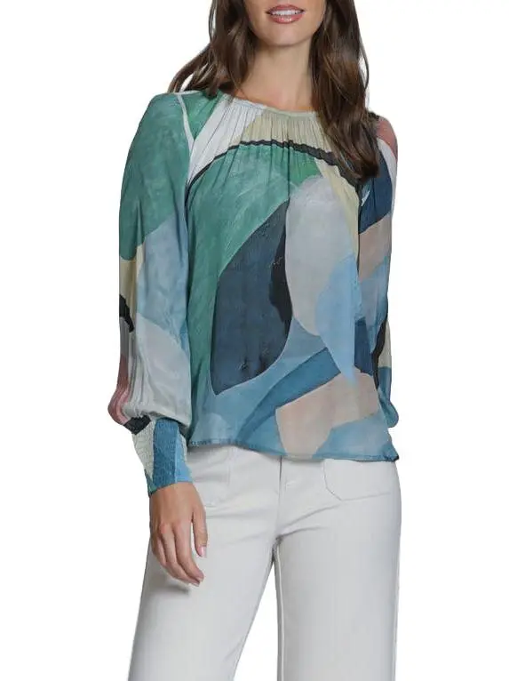 APNY Printed Blouson Sleeve Top - Navy Multi
