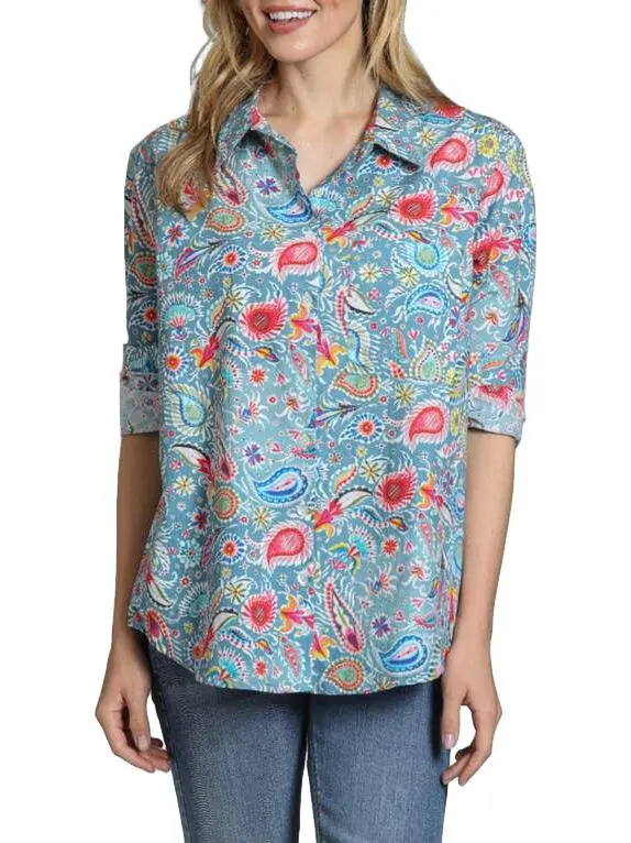 APNY Print Cotton Button-up Shirt - Blue Multi
